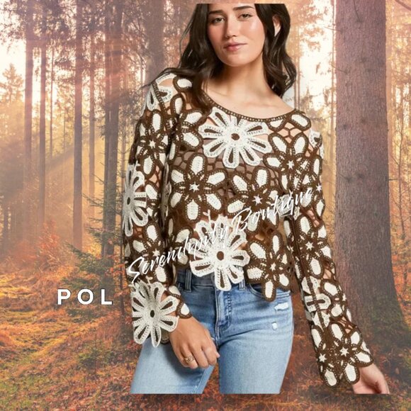 POL | Tops | Pol Boho Chic Bold Daisy Granny Crochet Long Sleeve Semi ...